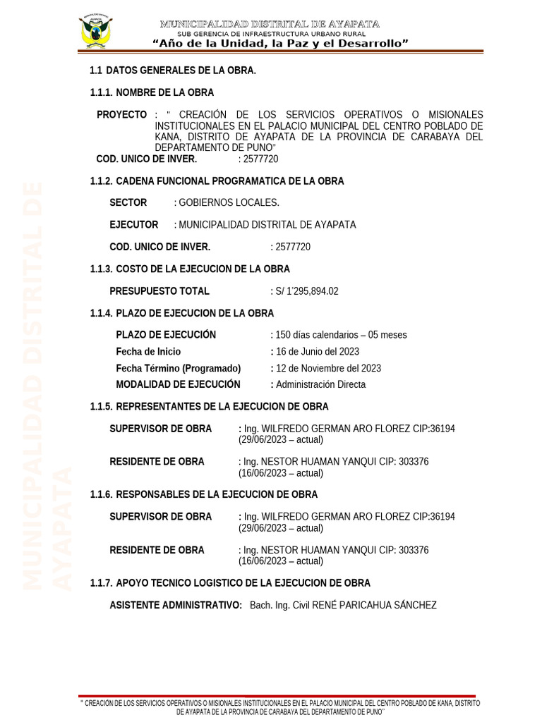 1.1 Datos Generales de La Obra | PDF