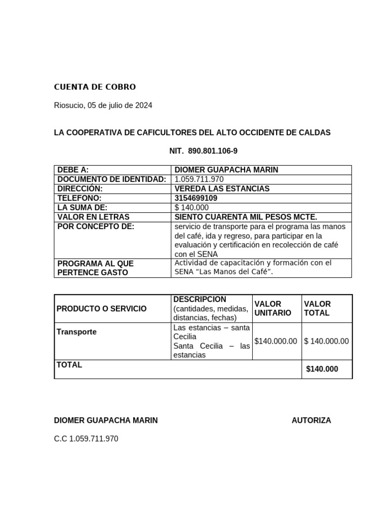 Cuentas de Cobro Certificacion Sena | PDF