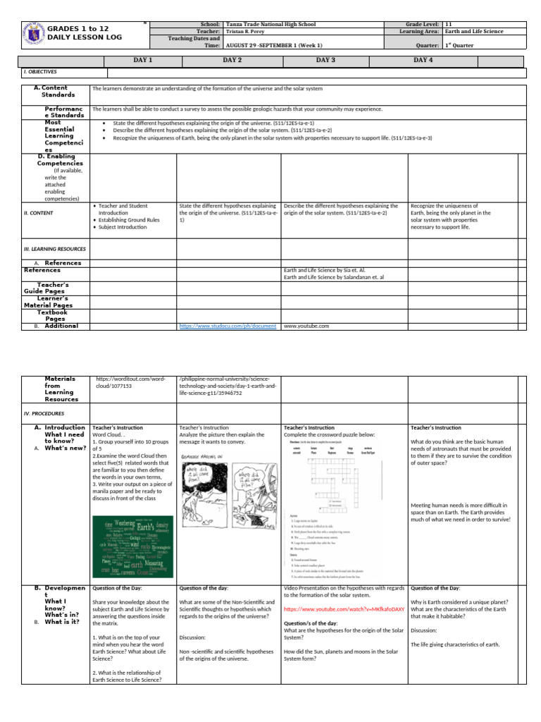 GRADES 1 To 12 Daily Lesson Log Day 1 Day 2 Day 3 Day 4: I. Objectives | PDF