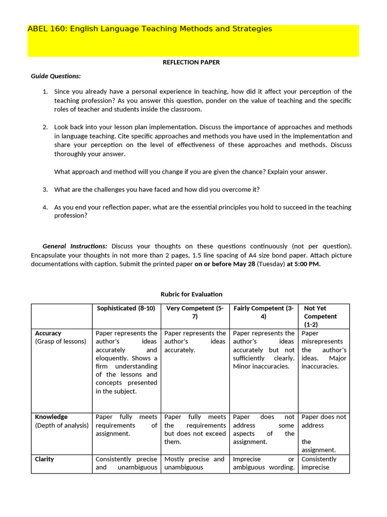 Reflection Paper Guide For Demonstration Teaching With Rubrics | PDF