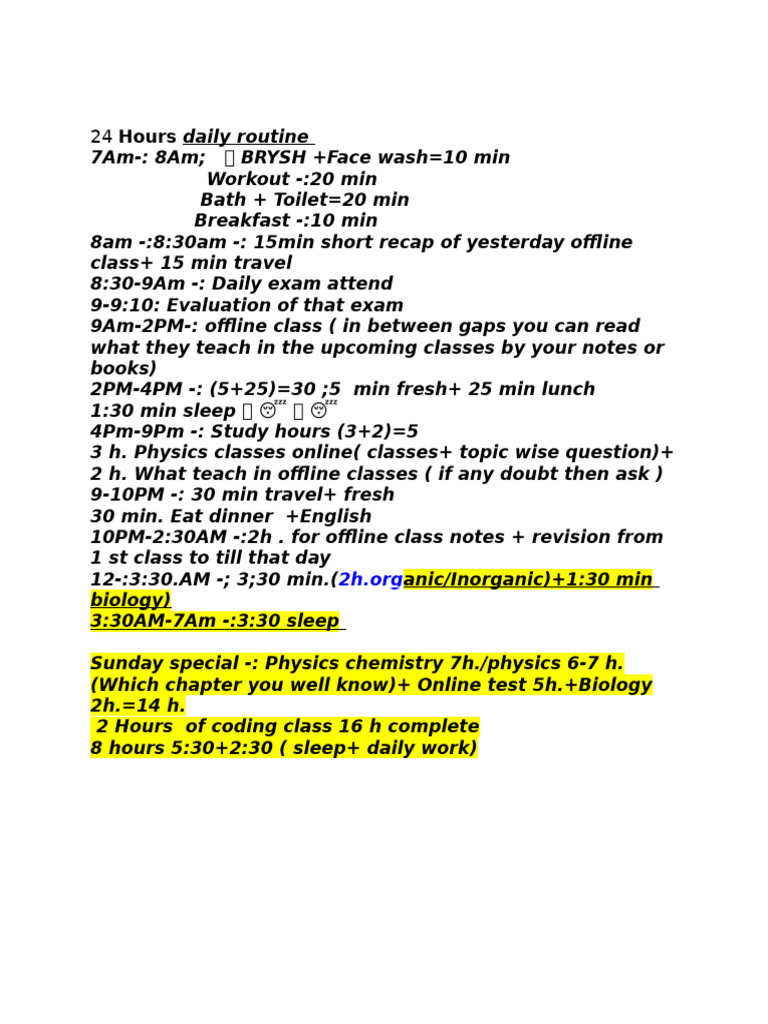 24 Hours Daily Routine | PDF