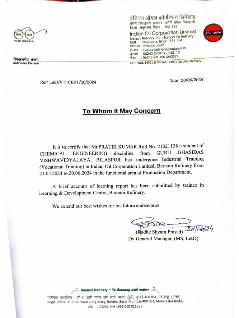 Iocl Certificate | PDF