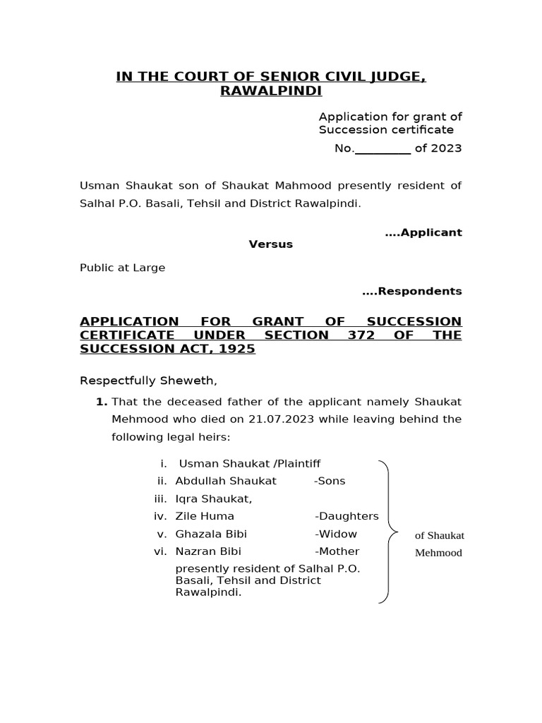 Succession Certificate Application Rawalpindi | PDF | Affidavit | Legal Procedure