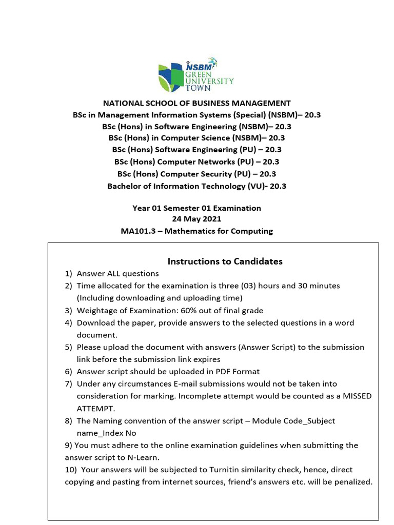 20.3 - Y1S1 - 24may2021 - Mathematics For Computing | PDF | Computing | Mathematics