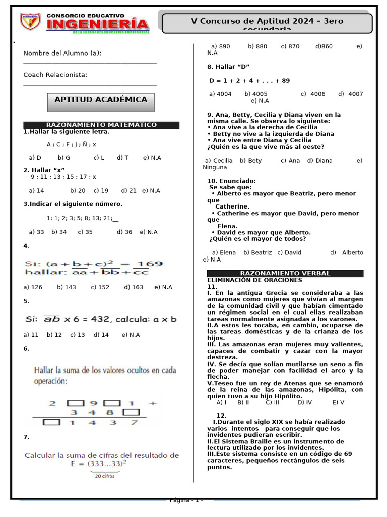 3ERO - V SIMULACRO SECUNDARIA 2024 | PDF