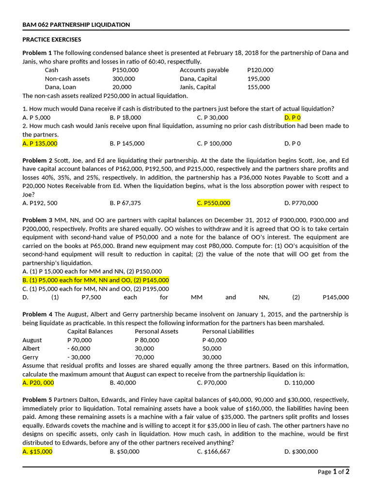Practice Exercises Partnership Liquidation Answer Key | PDF