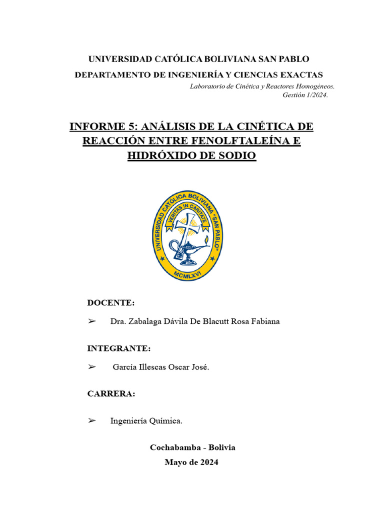INFORME 5- ANÁLISIS DE LA CINÉTICA DE REACCIÓN ENTRE FENOLFTALEÍNA E HIDRÓXIDO DE SODIO (1) | PDF
