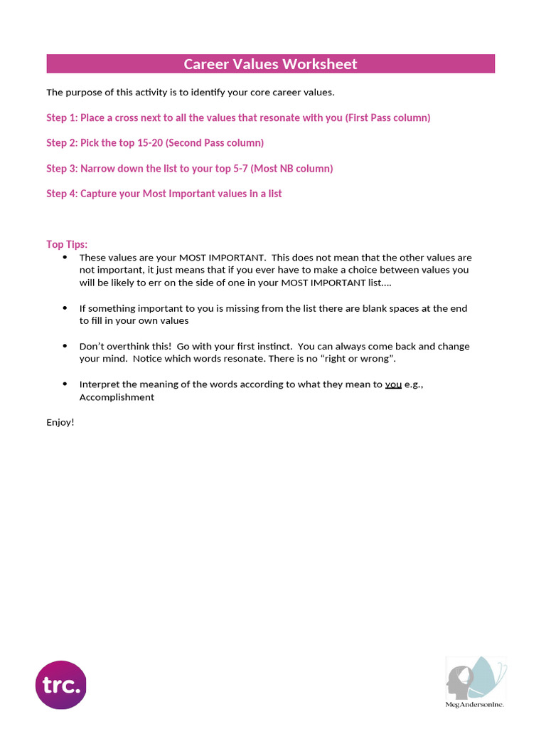 Values Worksheet | PDF