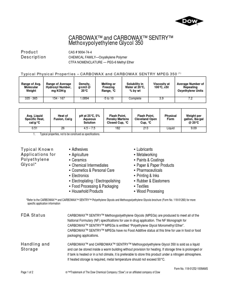 Mpeg 350 | PDF | Polyethylene Glycol | Dow Chemical Company