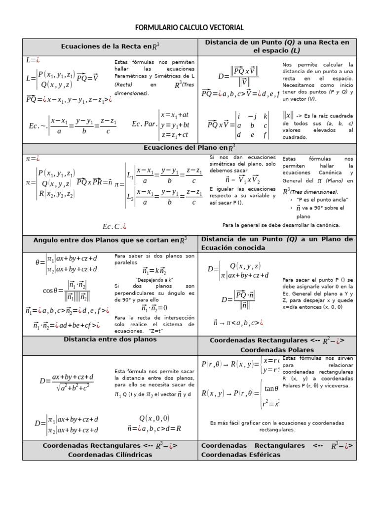 Formulario Calculo Vectorial | PDF | Línea (geometría) | Vector Euclidiano