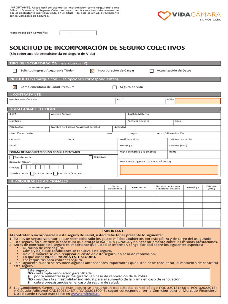 Formulario Incorporacion Vida Camara (Editable) - SIGMA | PDF
