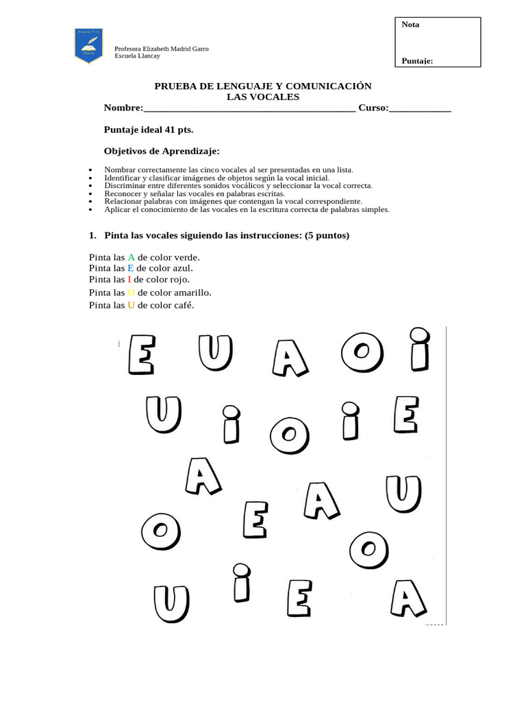 Prueba de Lenguaje y Comunicación Las Vocales 1° | PDF