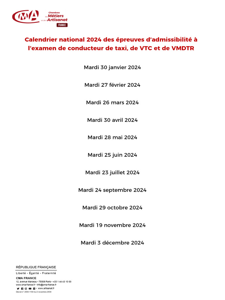 Calendrier National Taxi VTC VMDTR 2024 | PDF