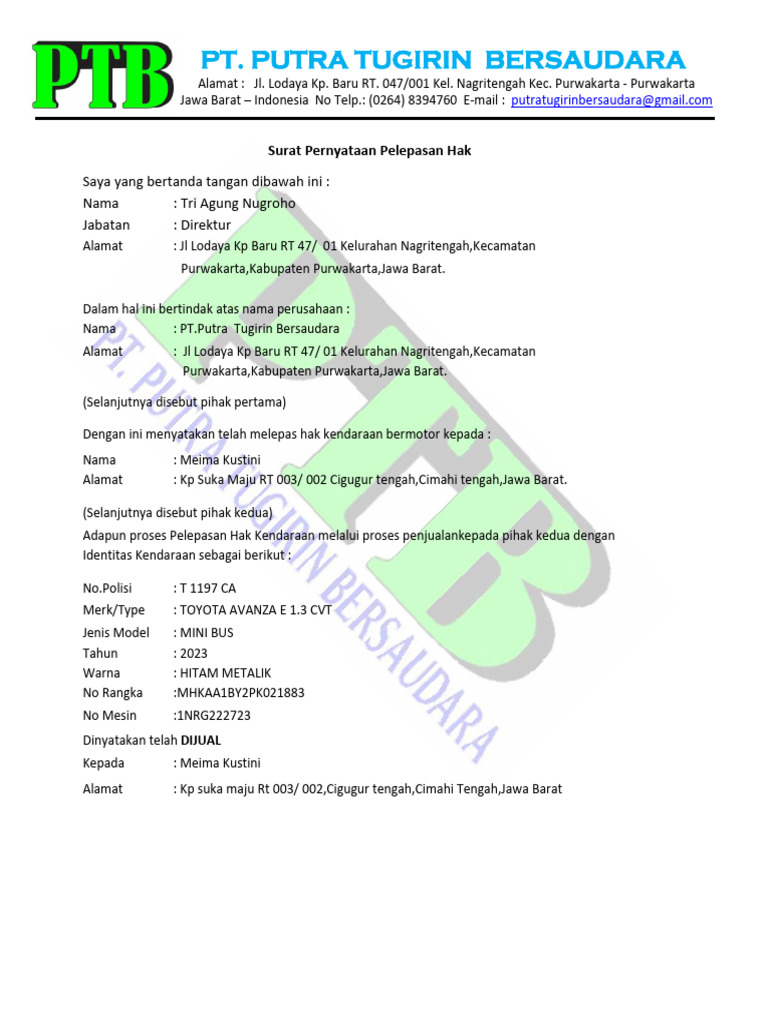 Surat Pelepasan Hak PTB | PDF