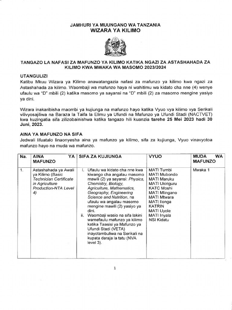 Tangazo La Nafasi Za Kujiunga Na Vyuo Vya Mafunzo Ya Kilimo - Matis | PDF