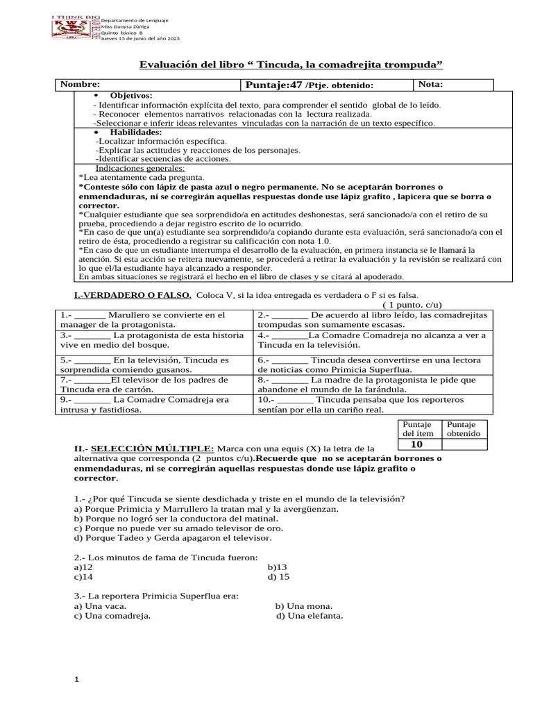 5 B - Prueba Del Libro Tincuda, La Comadrejita Trompuda - 15 de Junio ...