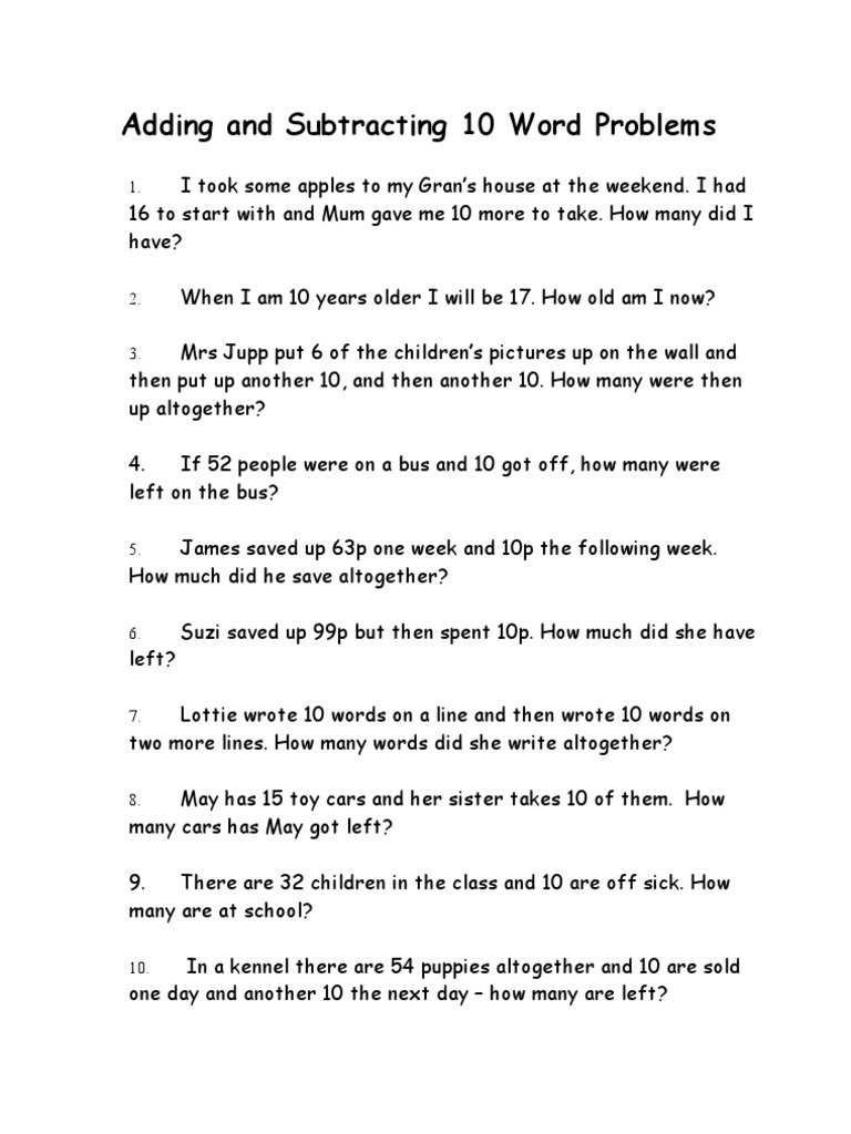 10 Addition and Subtraction Word Problems | PDF | Language Arts ...