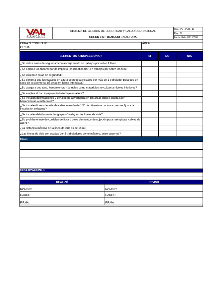 VC - PDR - 18 Check List Trabajos en Altura, Rev 01 | PDF