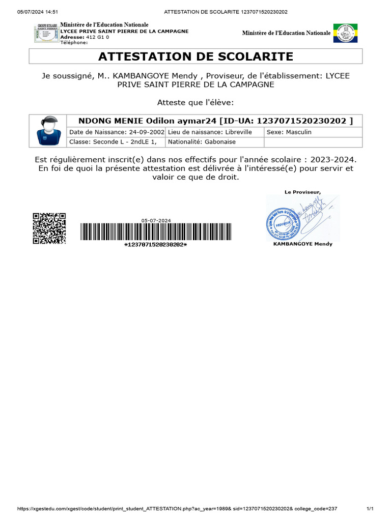 ATTESTATION DE SCOLARITE 1237071520230202ggh | PDF