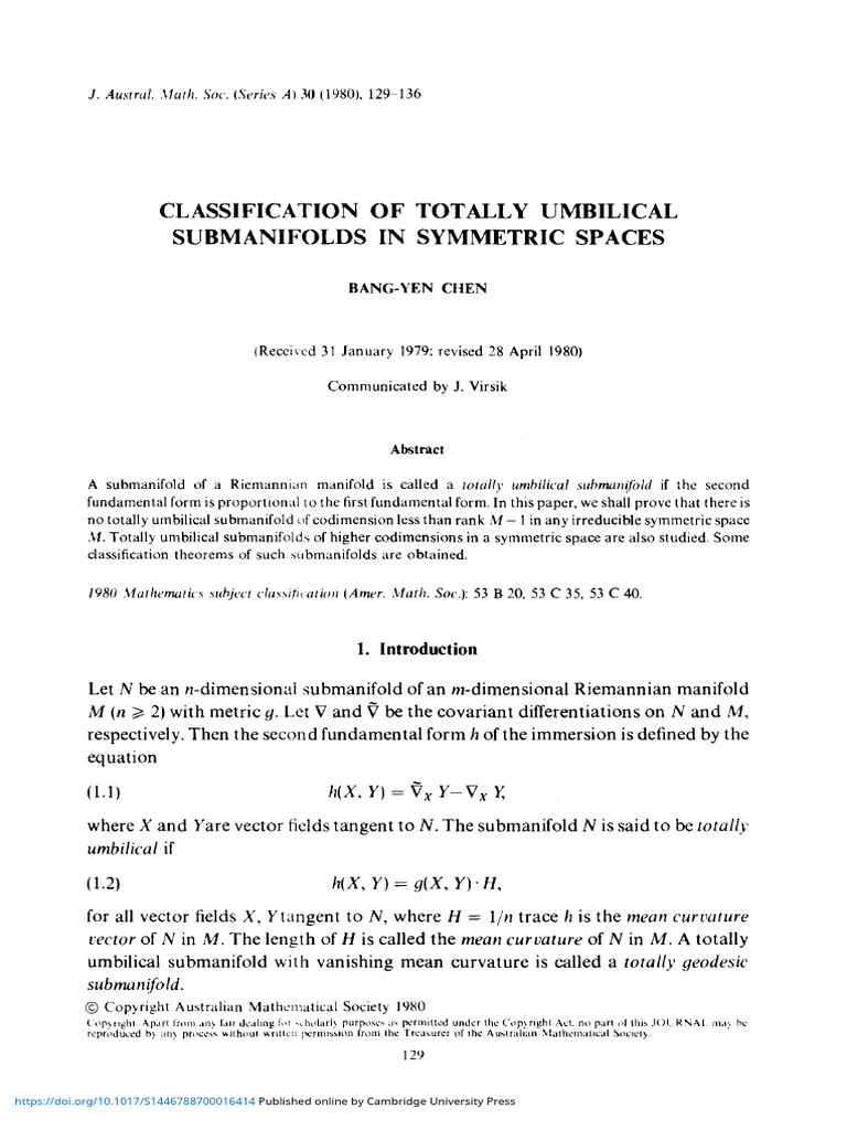 Classification of Totally Umbilical Submanifolds in Symmetric Spaces | PDF