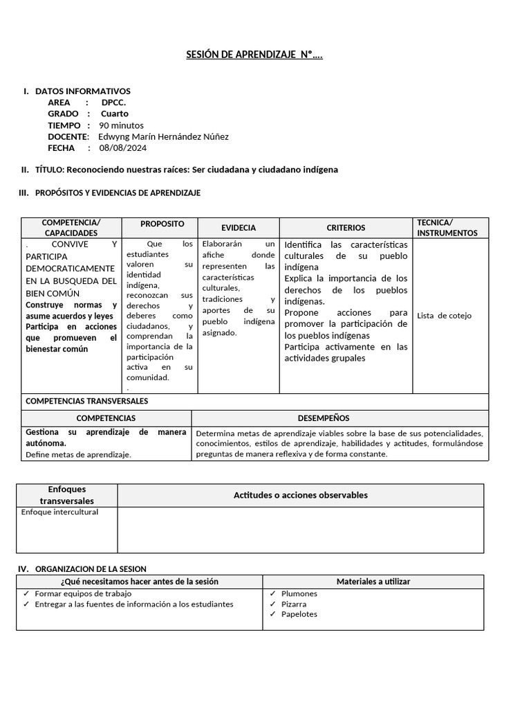 Sesión - DPCC Cuarto Grado 2024 | PDF