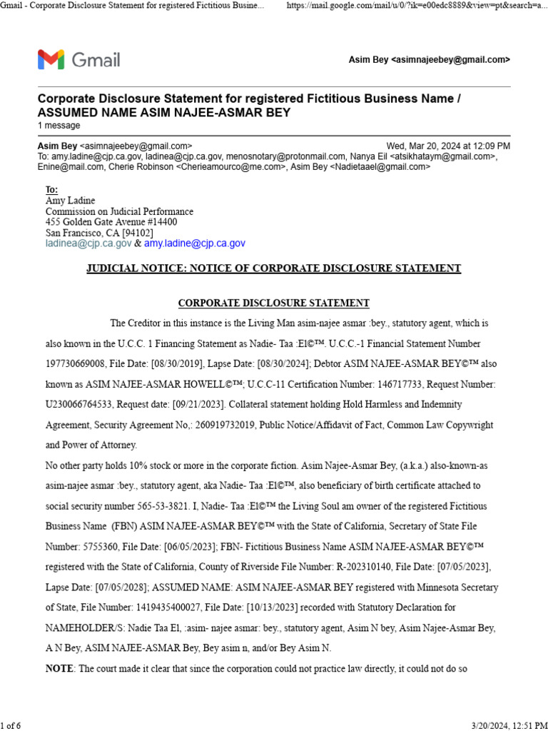 JUDICIAL NOTICE: NOTICE OF CORPORATE DISCLOSURE STATEMENT To: Amy ...