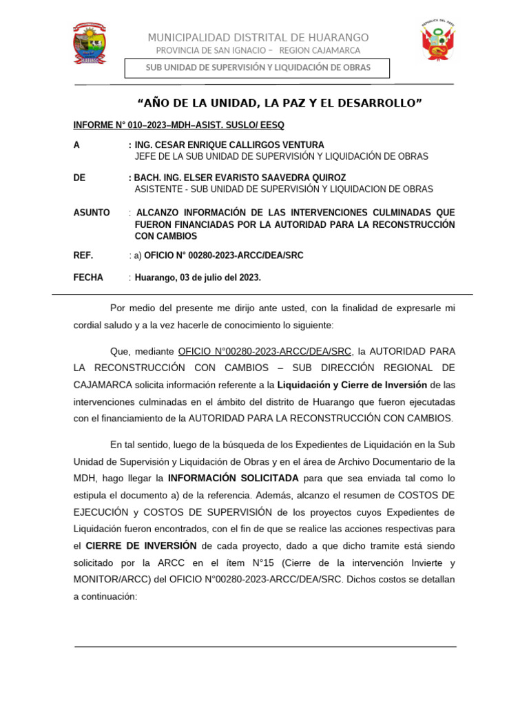 Informe N°010 Proyectos RCC | PDF