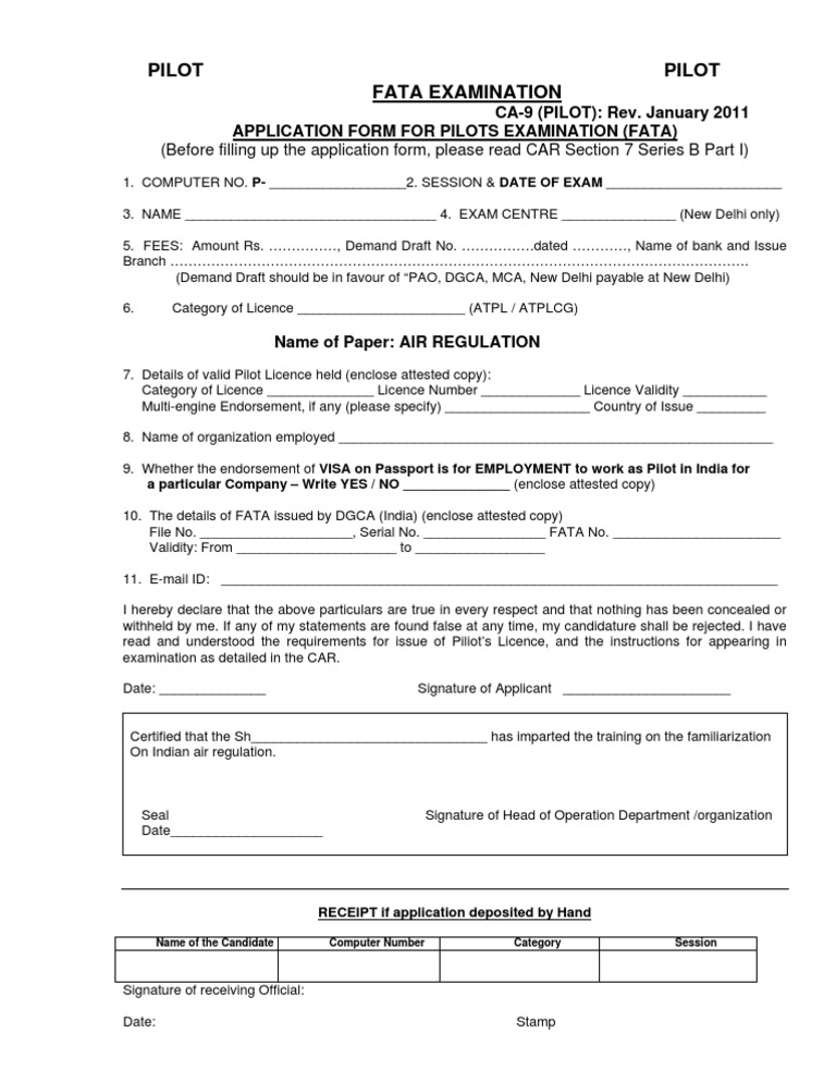 Pilot Pilot Fata Examination: (Before Filling Up The Application Form ...