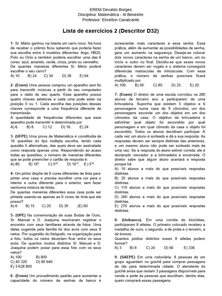 MAT 3º Ano - Lista de Exercícios 2 | PDF