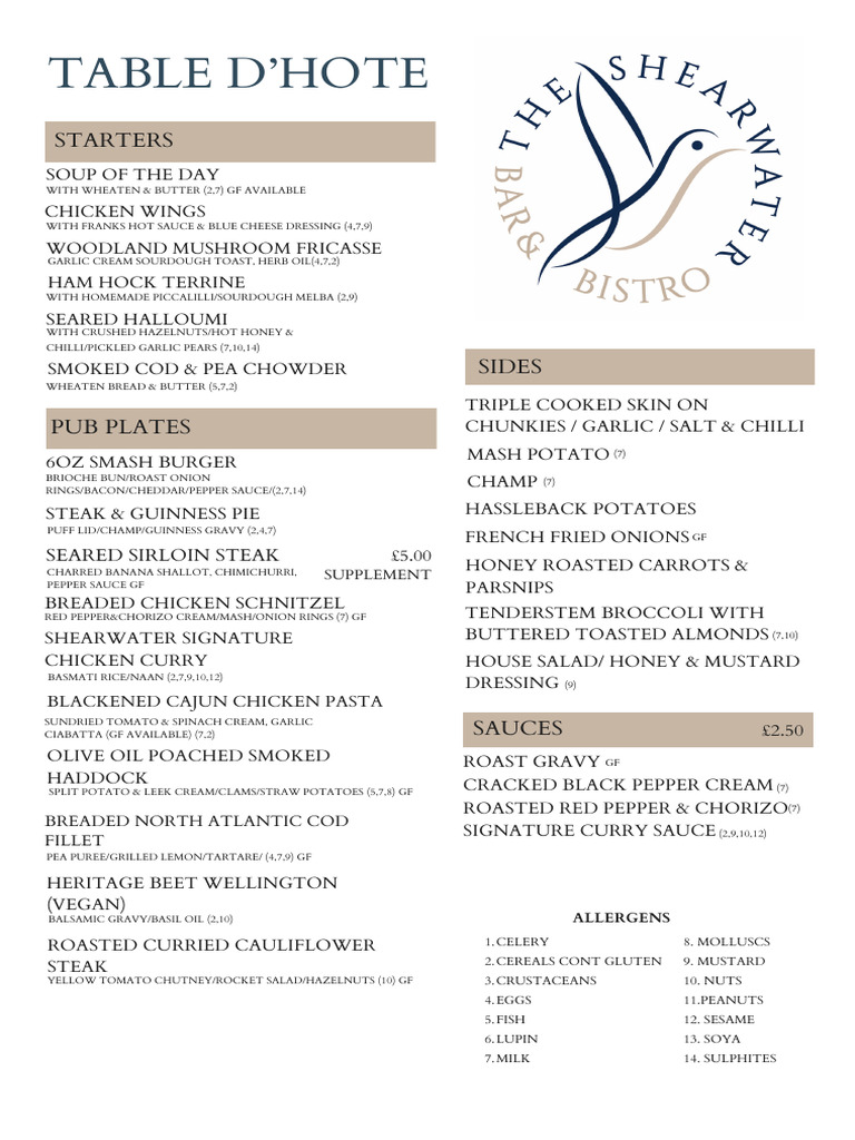 Table D'hote Shearwater Menu | PDF