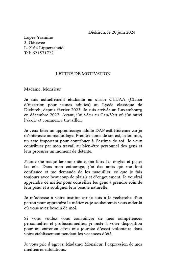 Abrir Lettre Motivation DAP Esthã©ticienne 2 | PDF