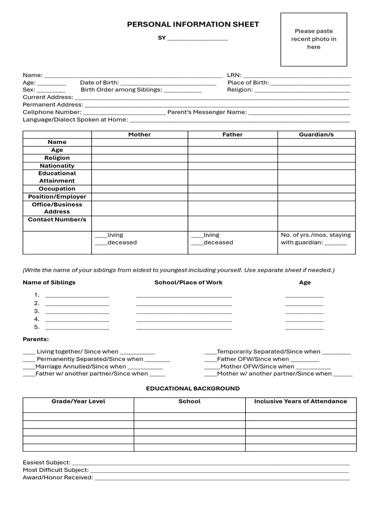 Personal Information Sheet Form Long | PDF