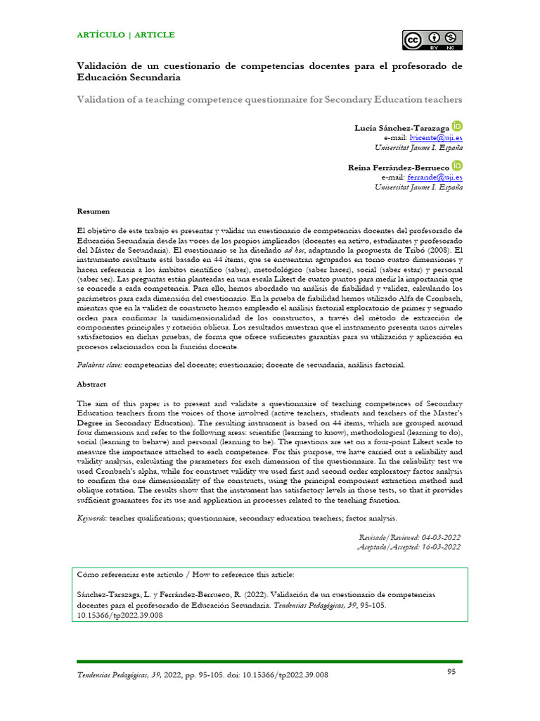 Validation of A Teaching Competence Questionnaire For Secondary ...