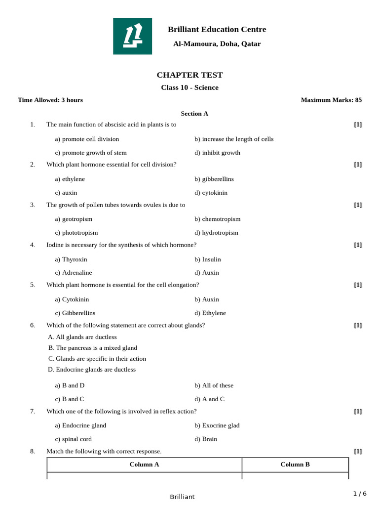 Control and Coordination Worksheet | PDF