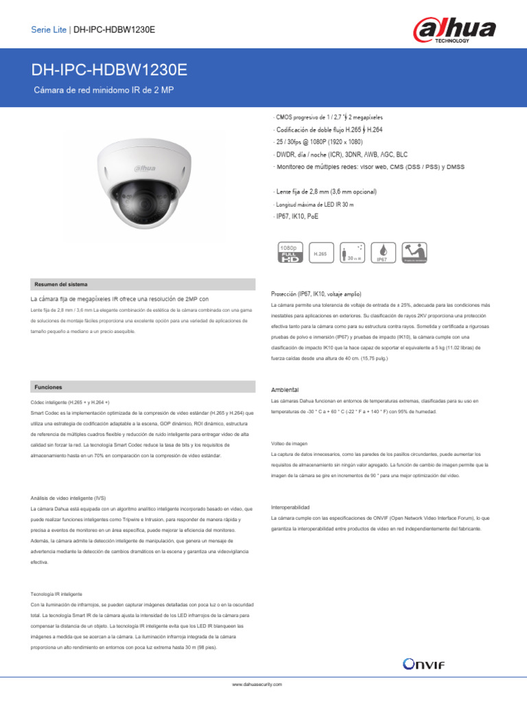 Dahua IPC HDBW1230E Cámara IP Domo 2MP Antivandálica DWDR IVS H.265 Ficha Técnica Español | PDF