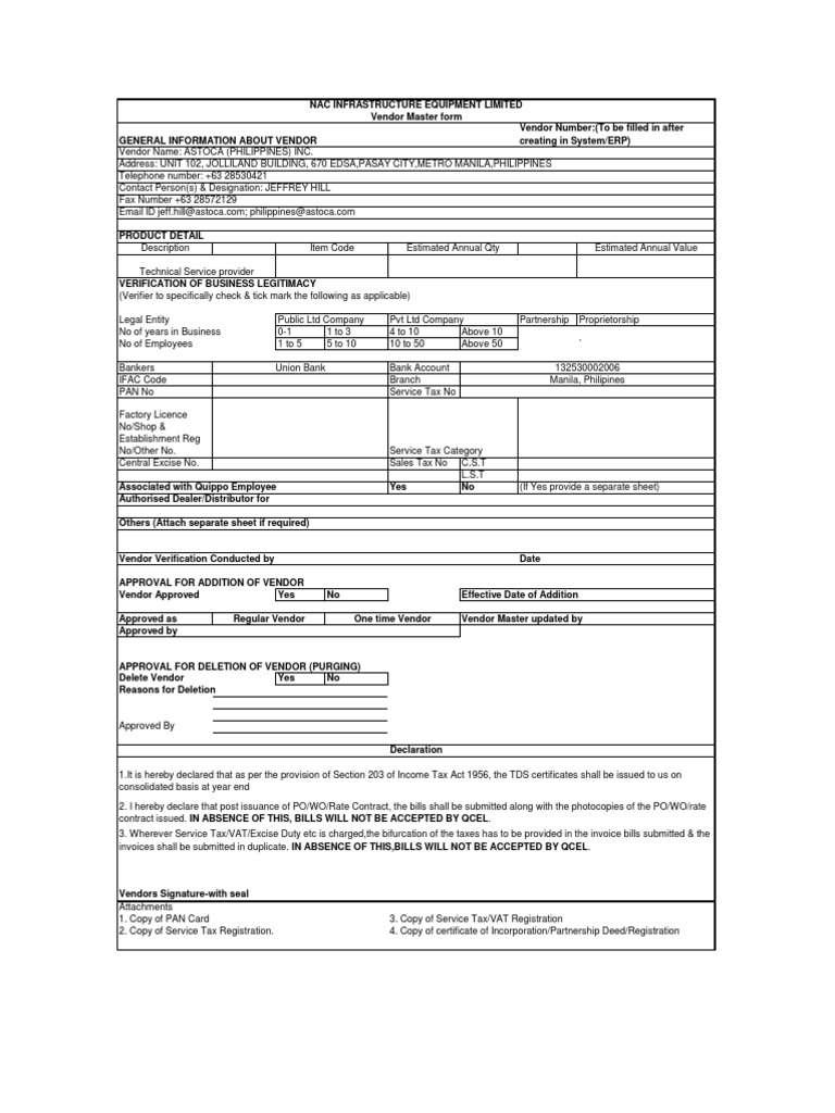 Vendor Master Form | PDF