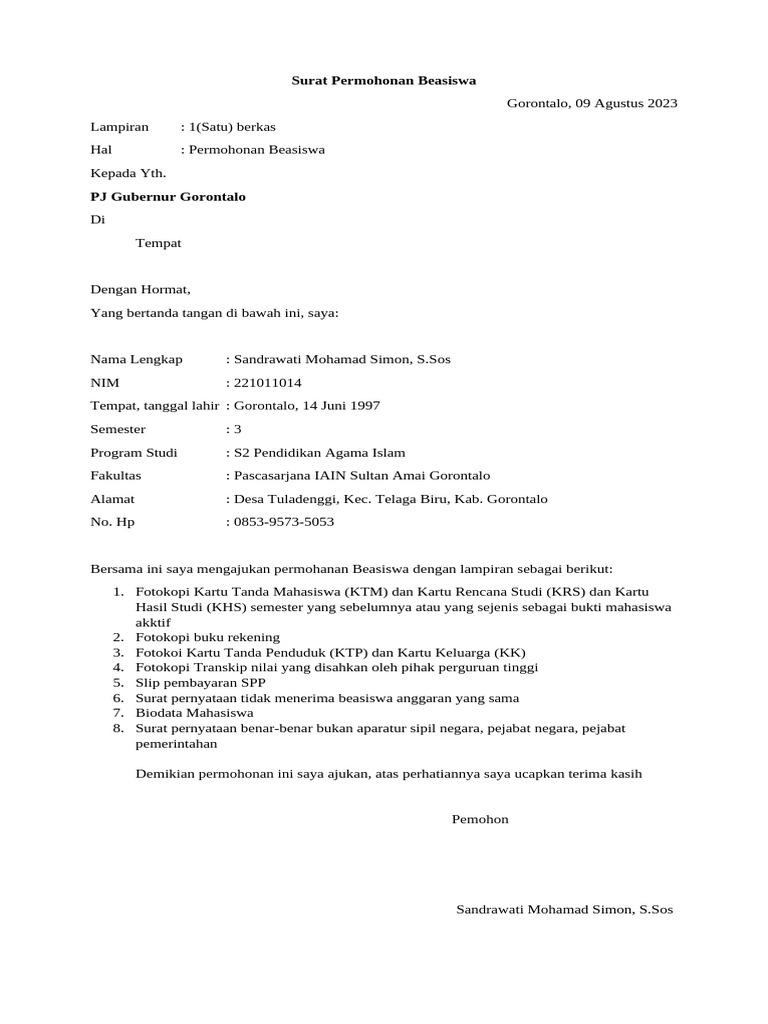 Surat Permohonan Beasiswa-1 | PDF