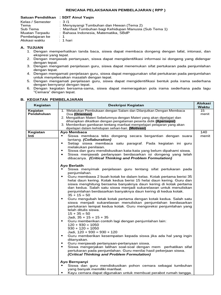 RPP Kelas 3 Tema 2 Subtema 1 PMB 1 | PDF