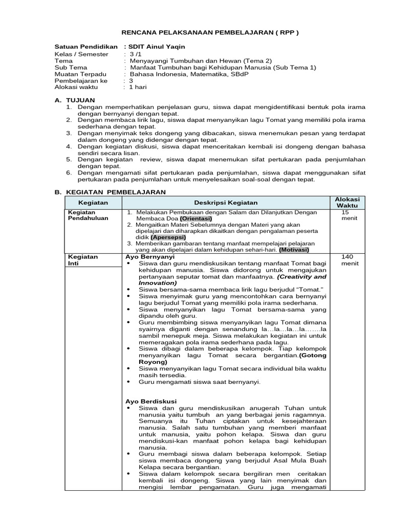 RPP Kelas 3 Tema 2 Subtema 1 PMB 3 | PDF