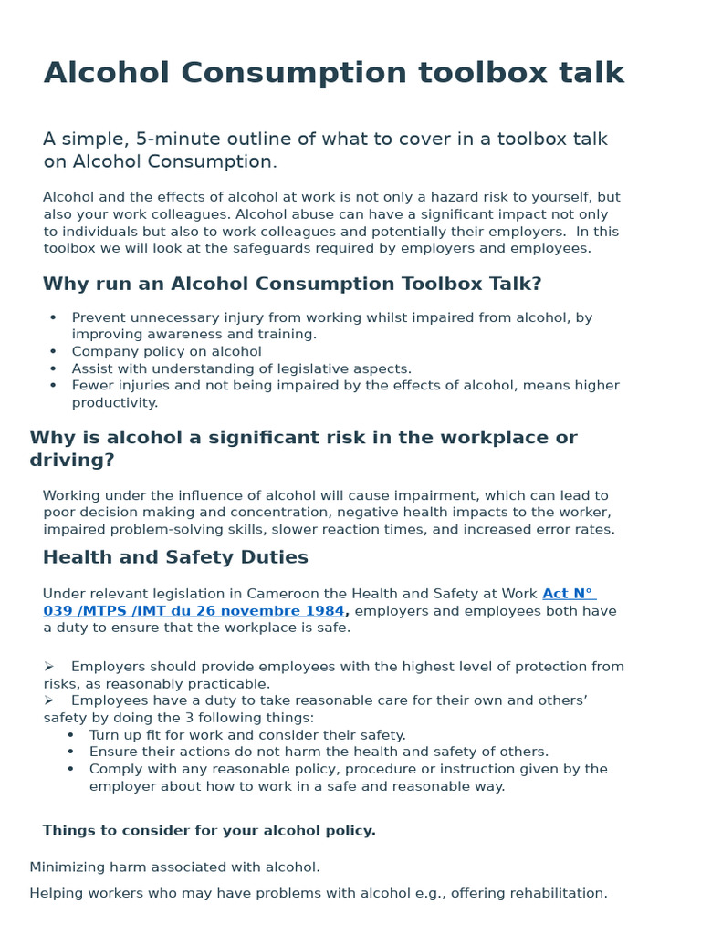 Alcohol-Consumption - Toolbox Talk - 25122023 | PDF