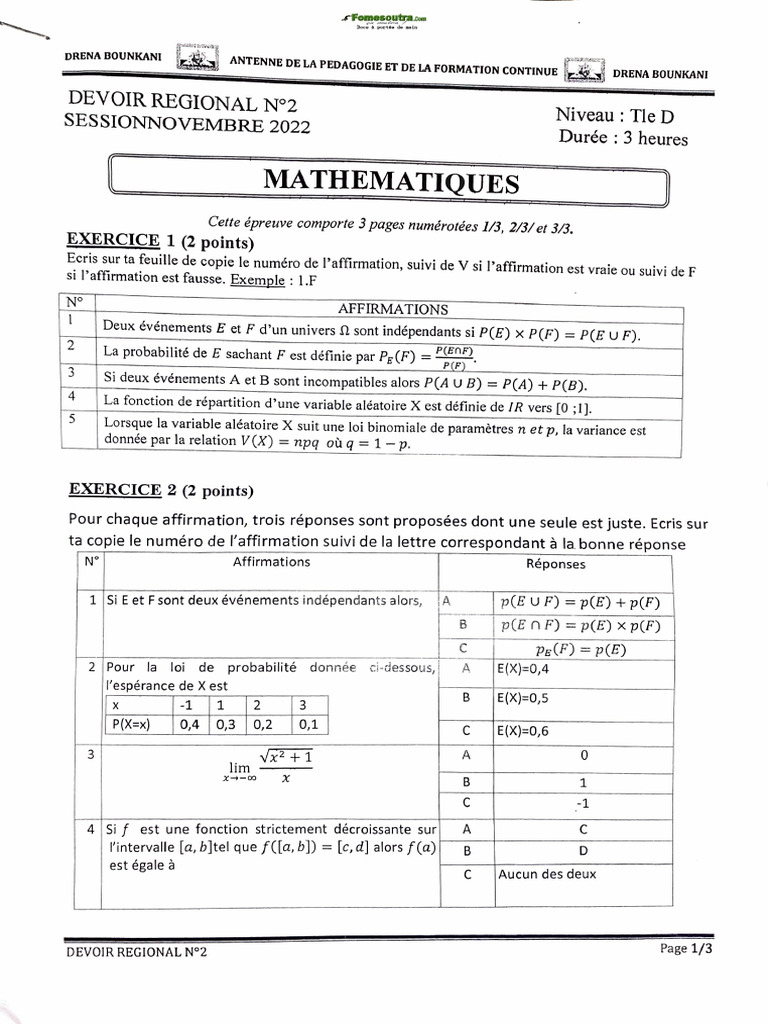 DEVOIR REGIONAL DE MATH Tle D | PDF