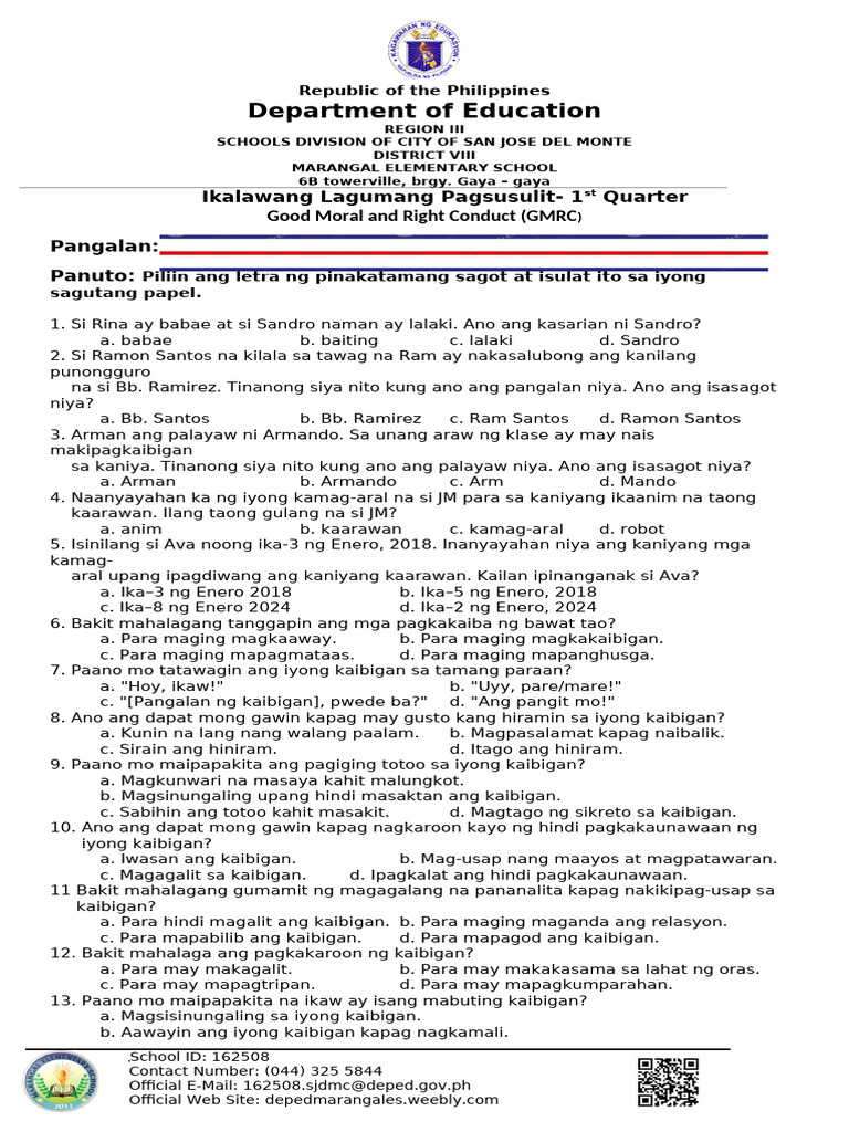 GMRC Grade 2 Quarter 2 Exam Guide | PDF | Philippines