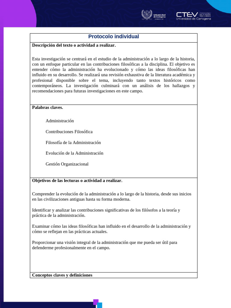 PROTOCOLO INDIVIDUAL DE F. Admon. | PDF