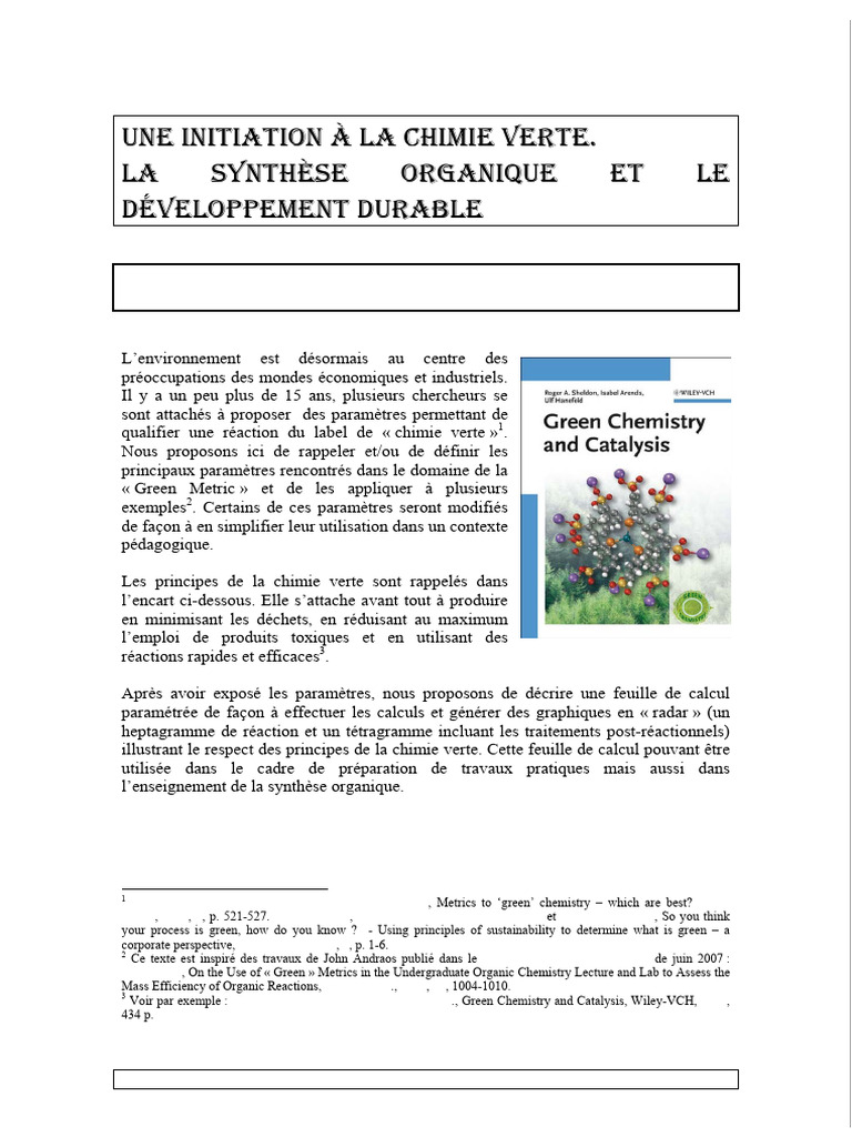Concepts de Chimie Verte ENCPB | PDF