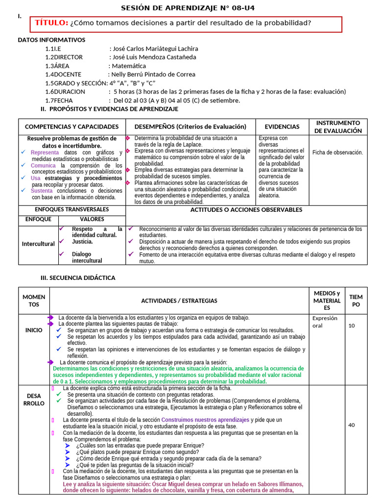 Sesión de Aprendizaje #08-U4 | PDF