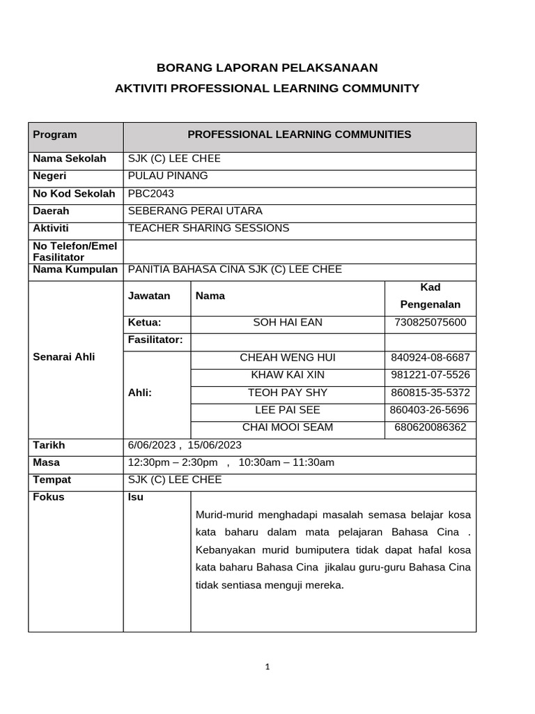 Laporan PLC TEACHER SHARING SESSIONS - PANITIA BC 2023 | PDF