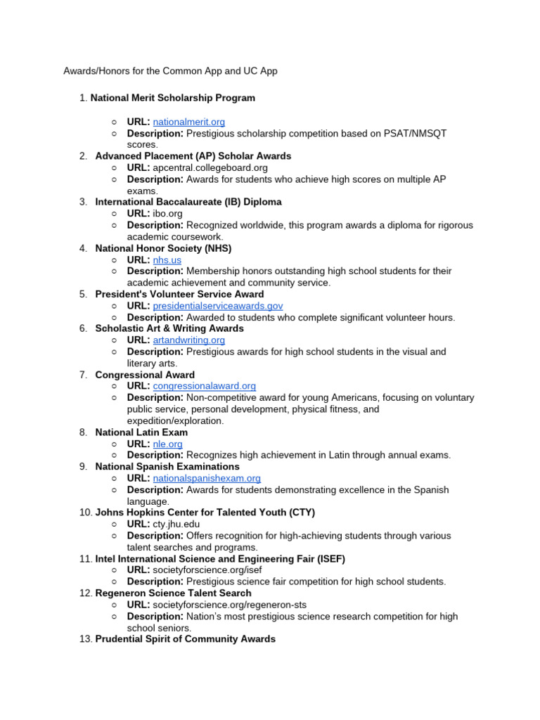 Common App and UC App Awards Guide | PDF | Advanced Placement | Business