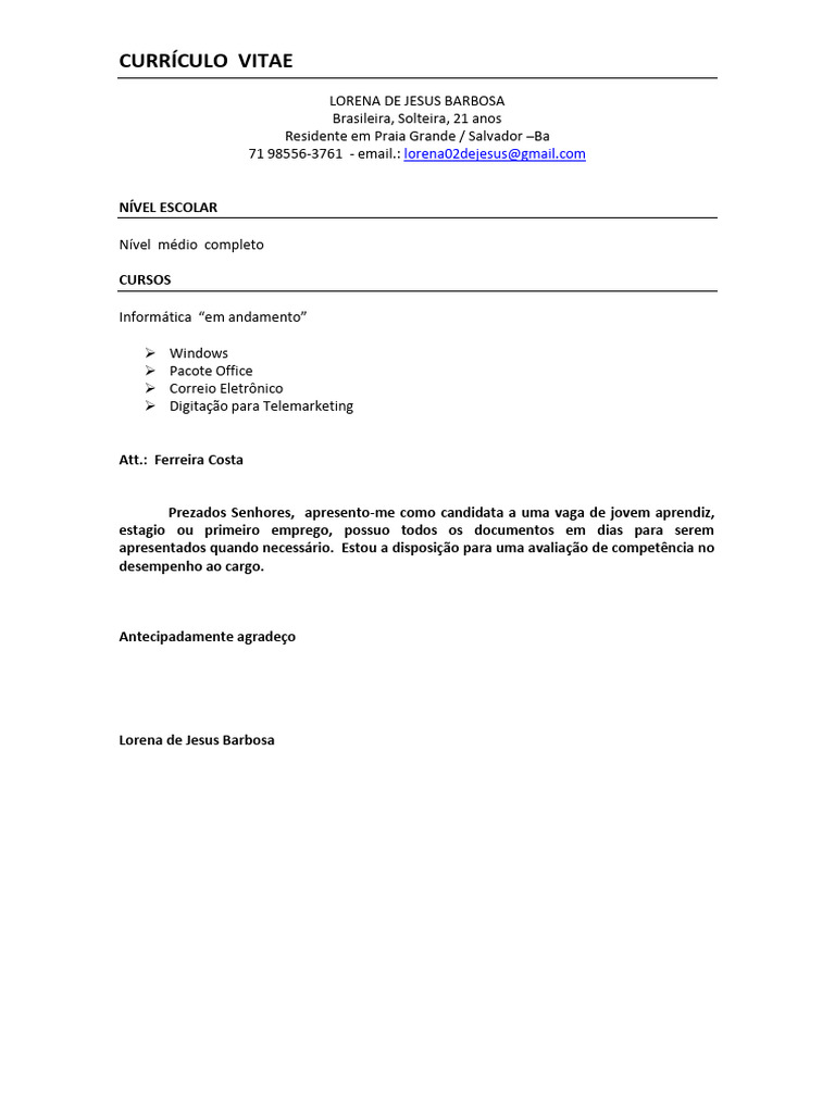 Currículo Vitae de Lorena | PDF