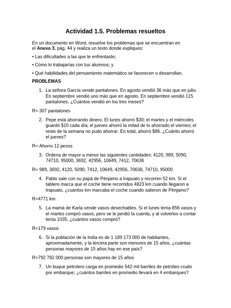 Actividad 1.5. Problemas Resueltos Sentido Numerico | PDF | Artes del ...