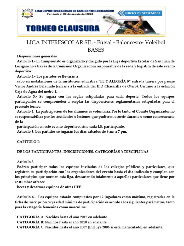 Liga Interescolar SJL Bases. | PDF